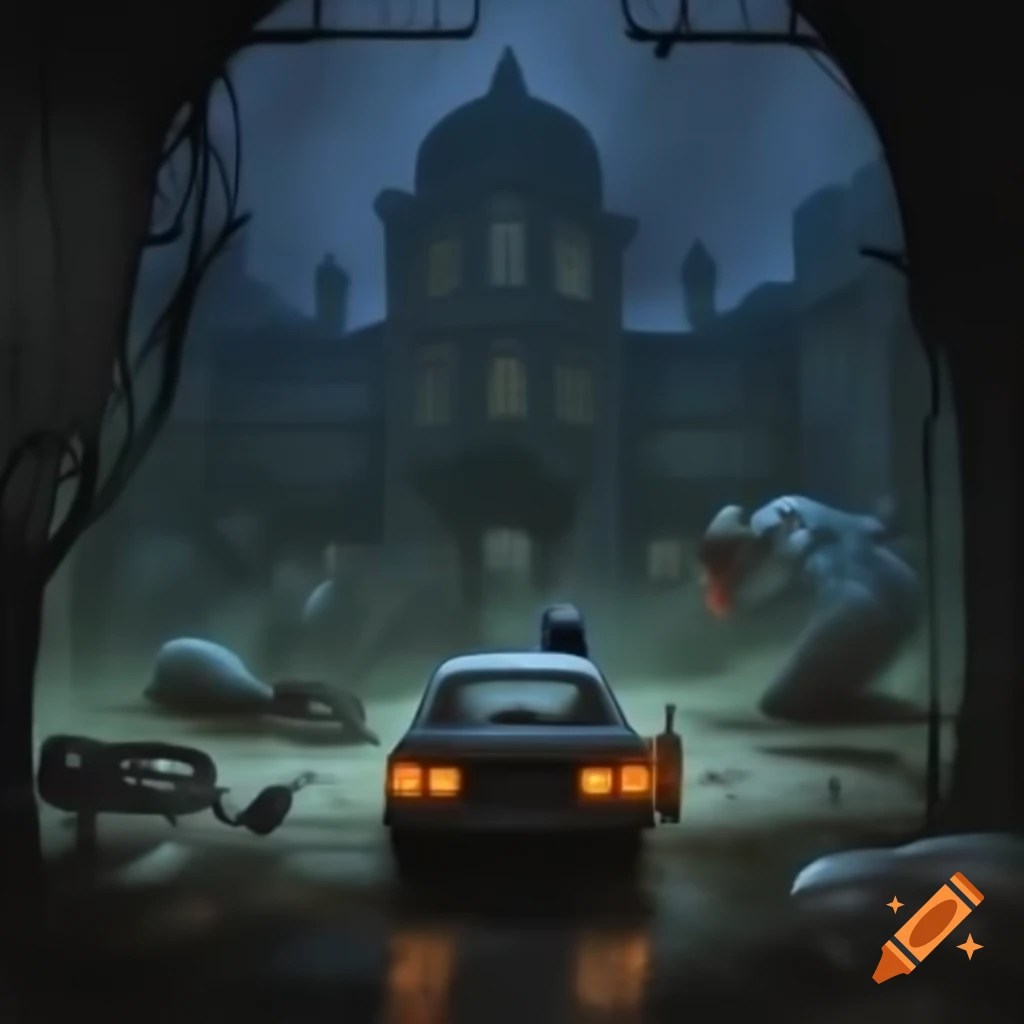 Man driving car in eerie atmosphere with abandoned palace and flying ...