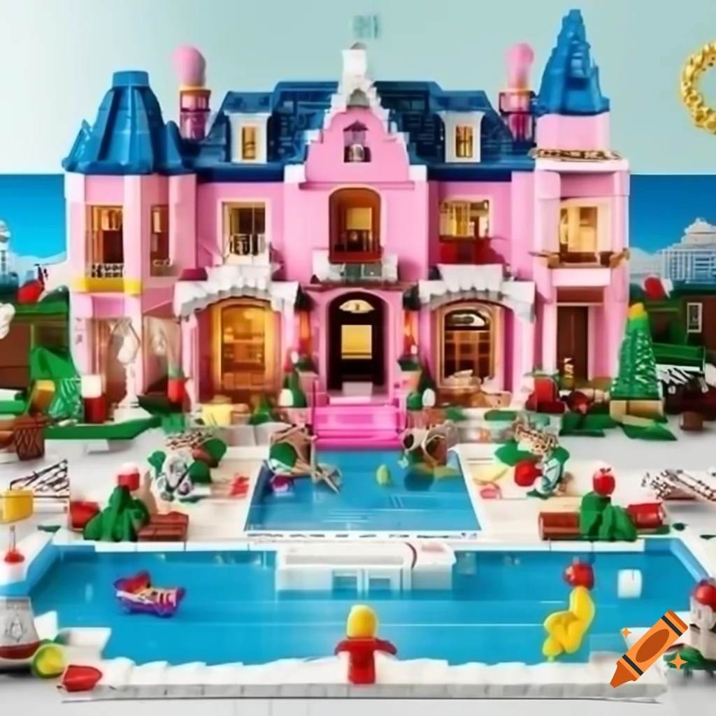 Large pink Lego mansion with Christmas decorations and pool surrounded ...