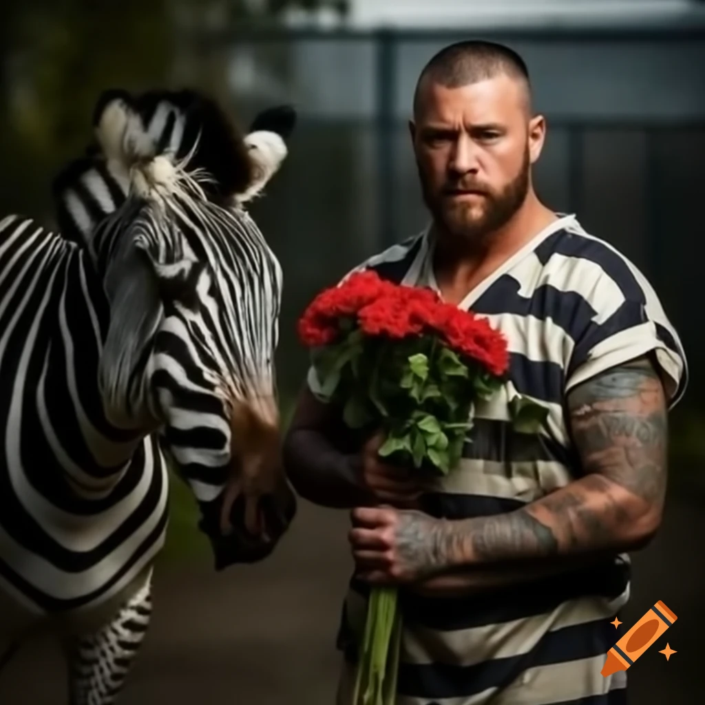 Tattooed prisoner in striped uniform offering flowers to zebra in jail ...
