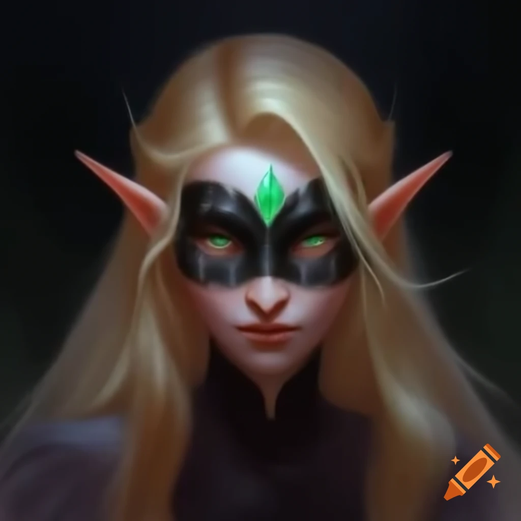Elf maiden with masquerade mask and emerald eyes gazing forward on Craiyon