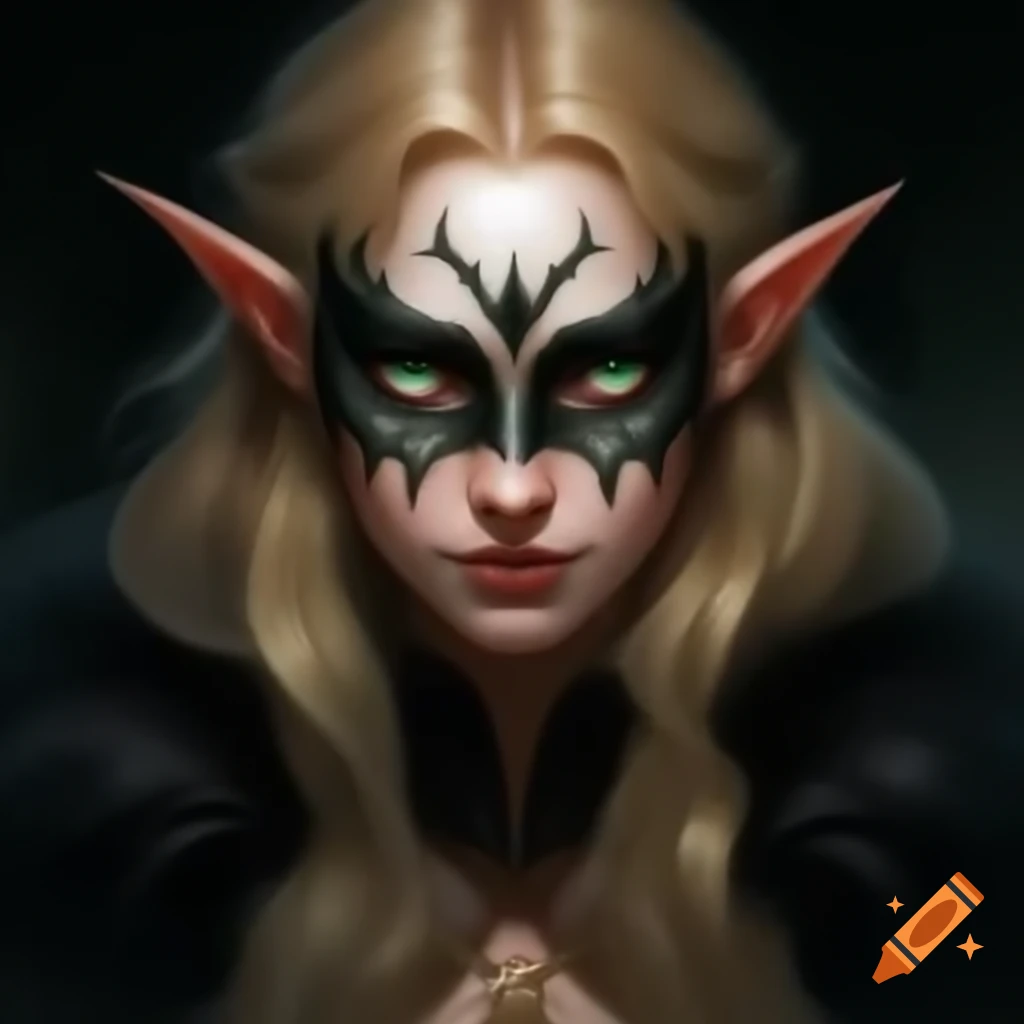 Gentle elf maiden with black masquerade mask and emerald eyes on Craiyon