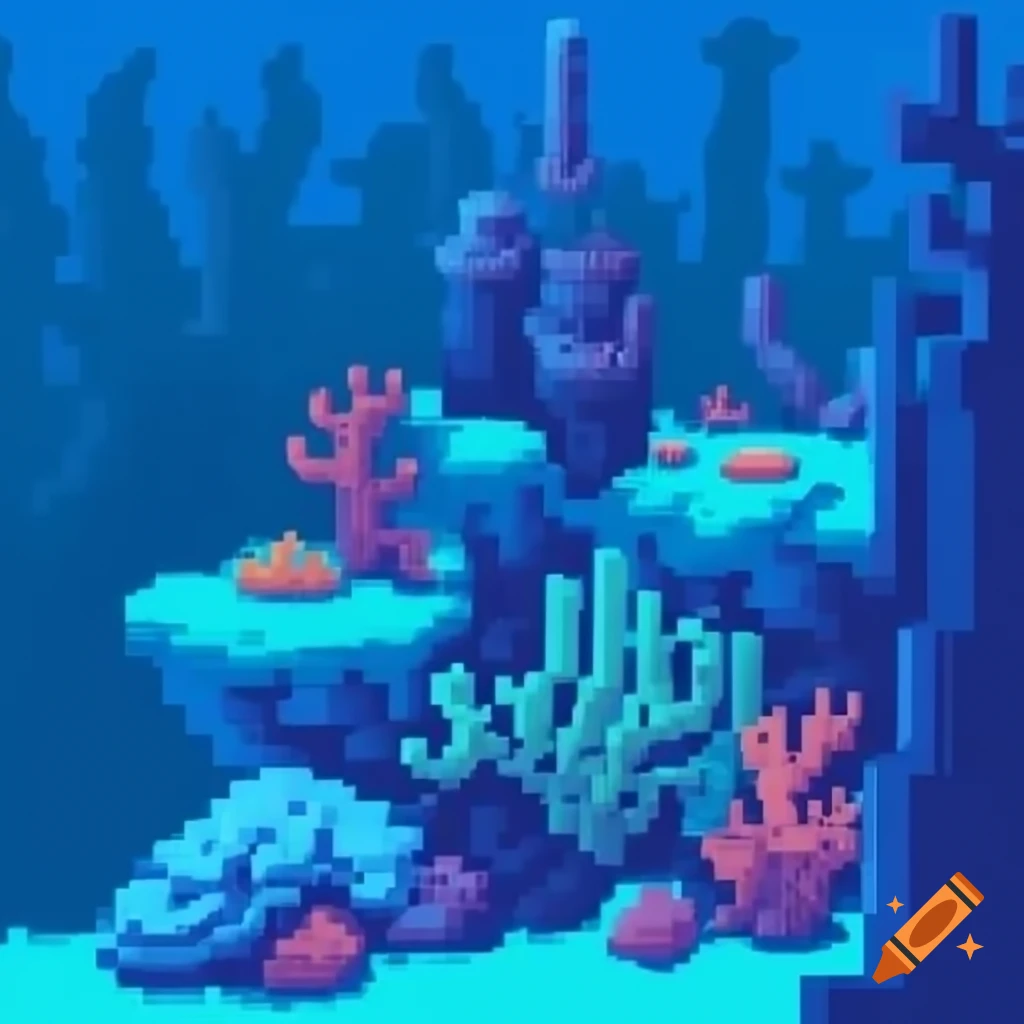 Pixel art representation of a vibrant coral reef on Craiyon