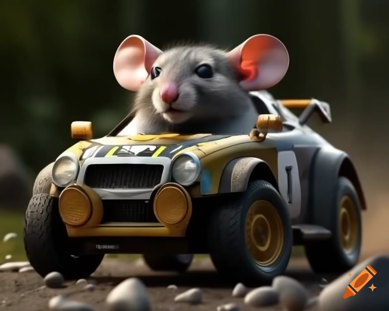 Rally car designed with rat theme on Craiyon