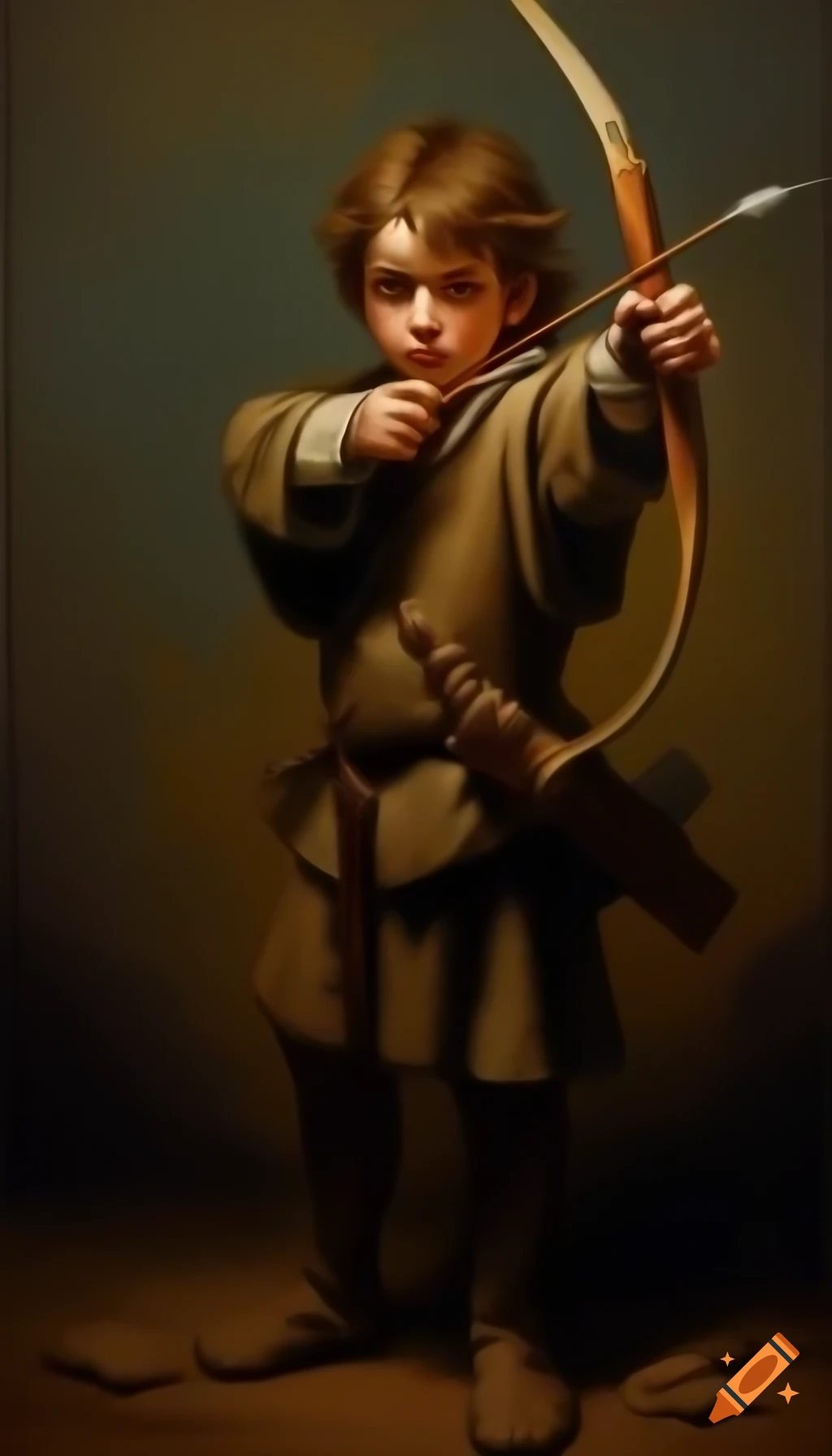 Young French archer in mud holding bow and arrow, neo-classical gouache ...