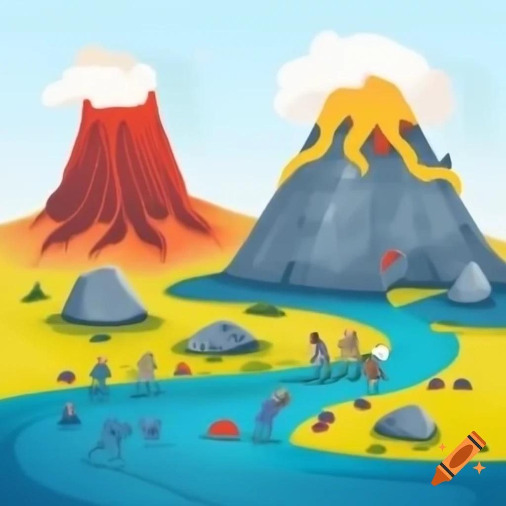 Illustrated children's comic about basalt rocks and volcanic eruptions on Craiyon