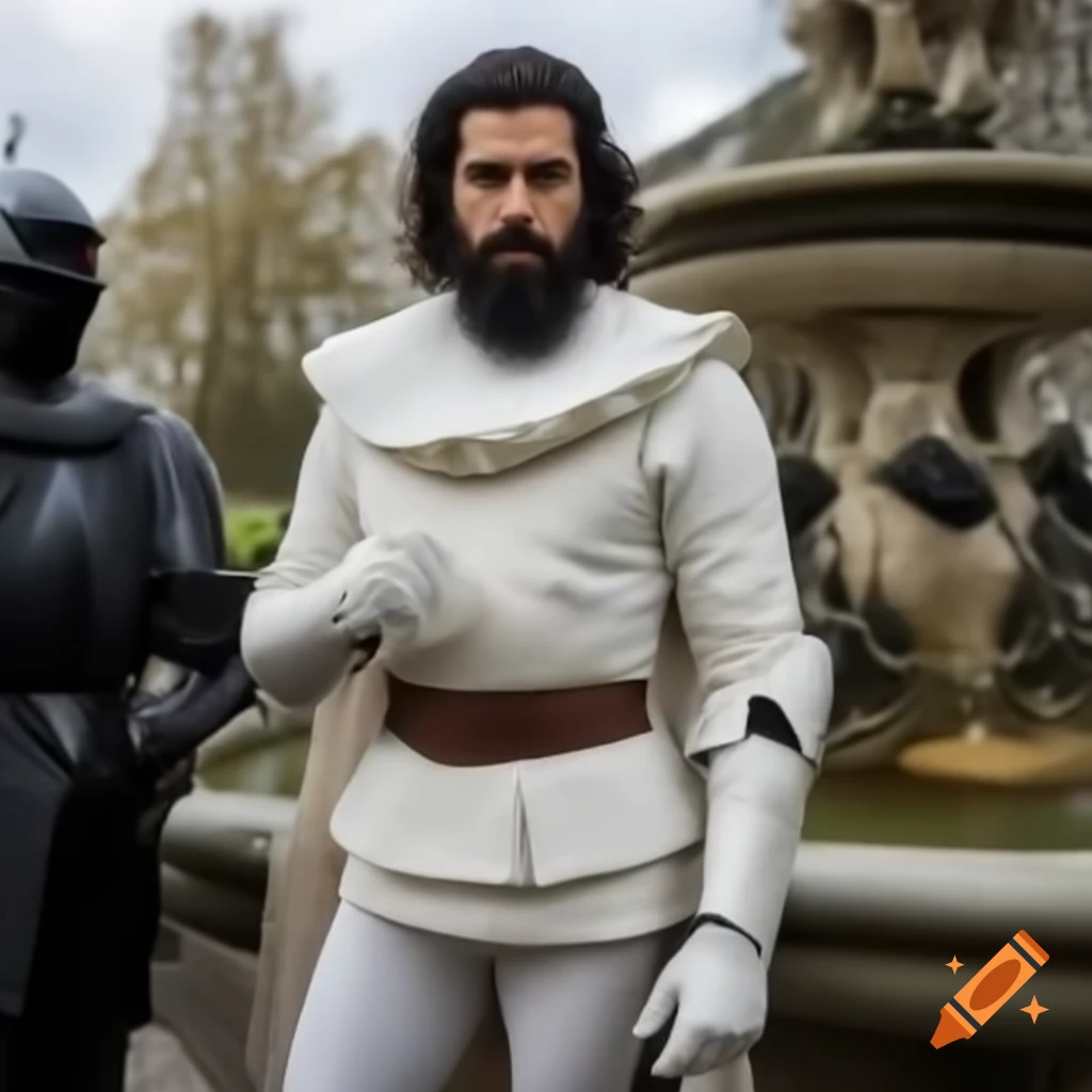 16th century prince in armor conversing with black knight by a fountain ...