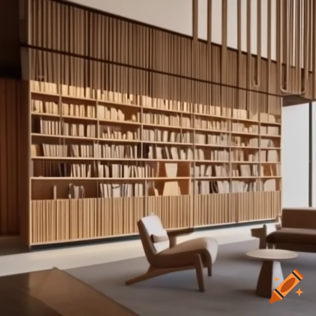 Modern multi-level lobby with wooden slats and wall washer lights on ...