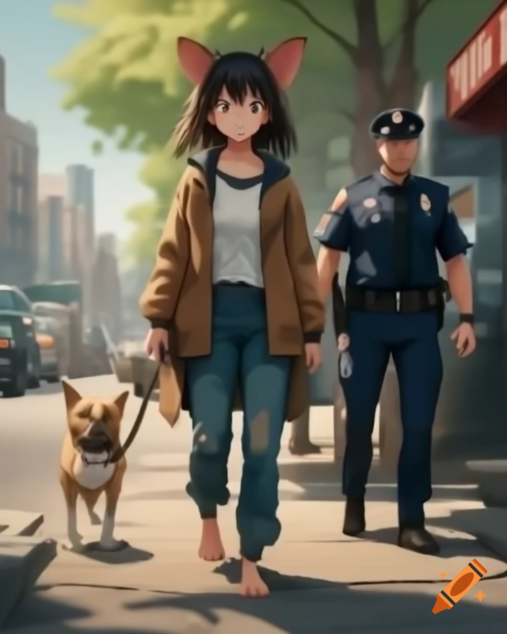 Anime girl with dog ears exploring city street barefoot, smelling tree ...