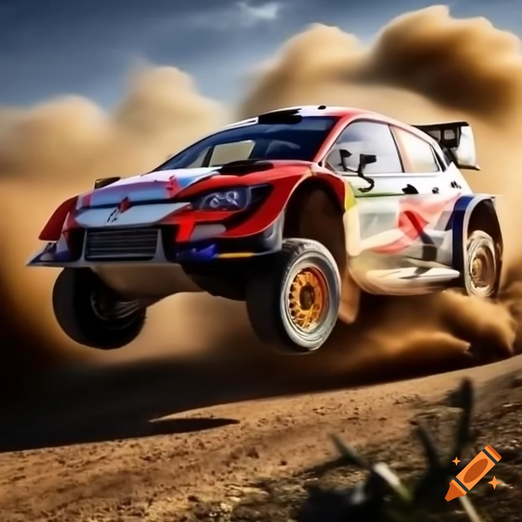 WRC rally car mid-air with playful text 'Cars Don’t Fly' on Craiyon