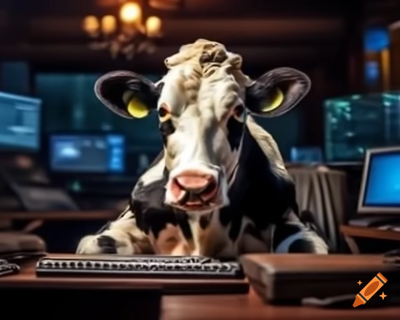 Holstein cow sitting at computer, whimsical and humorous scene on Craiyon