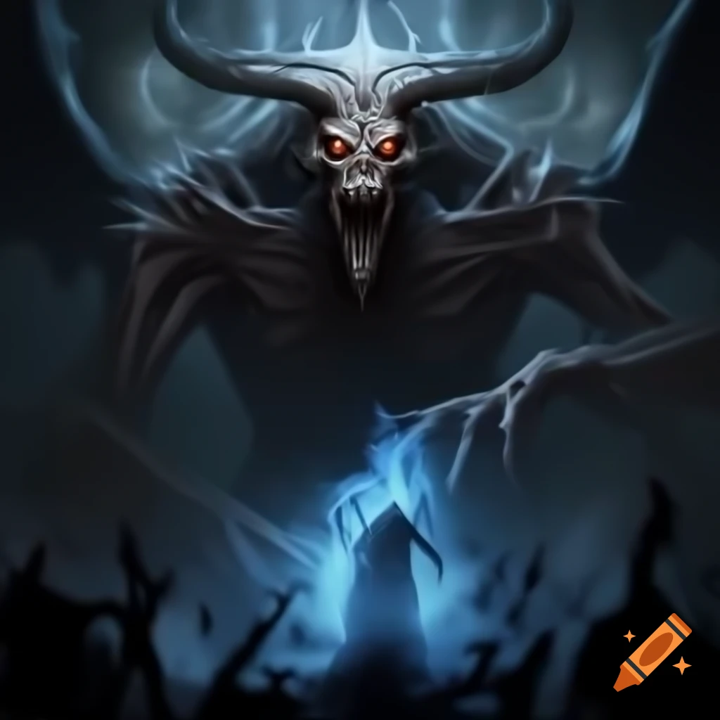 Skeletal demon above dark kingdom filled with souls, blue hues on Craiyon