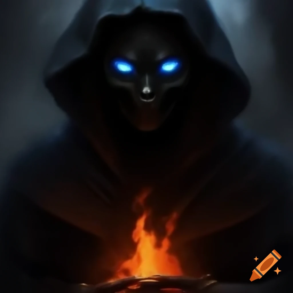 Mysterious shadow figure with blue eyes and hood, holding orange flames ...