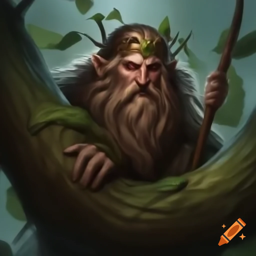 Angry vine-entwined elf with staff and bark crown amidst wild nature on ...