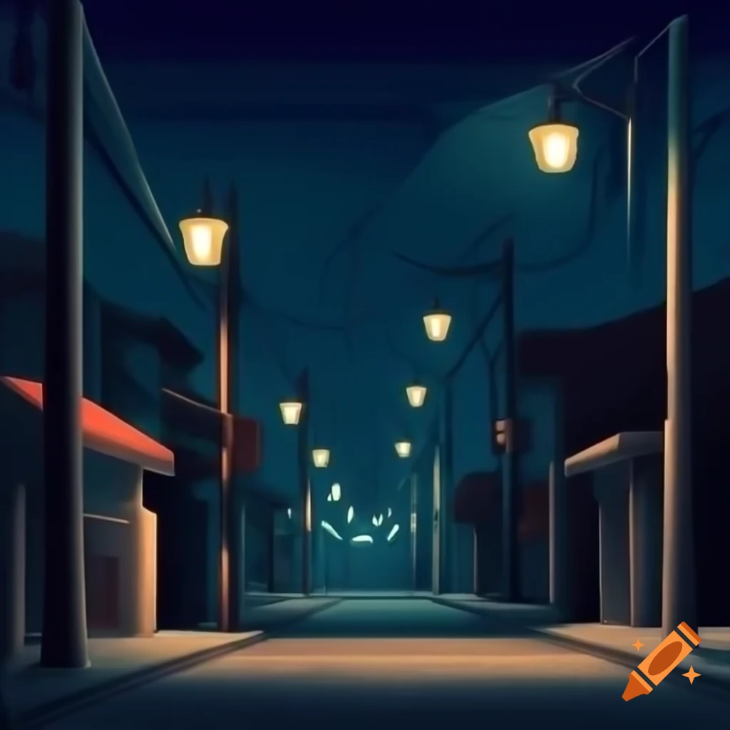 Night street scene illuminated by street lamps, drawing style on Craiyon
