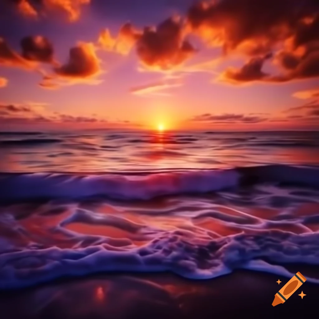 Sunset over the ocean with vibrant orange, pink, and purple sky in high ...