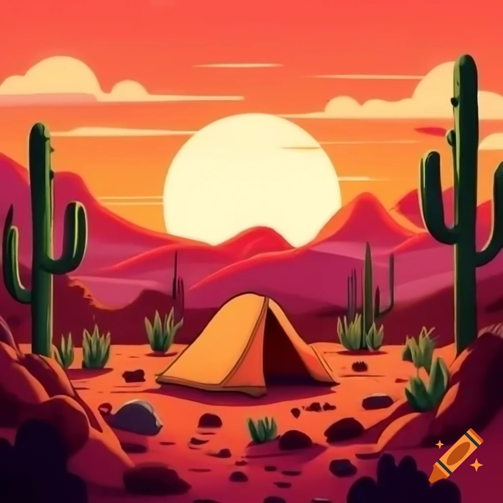 Desert camping scene with tent, cacti, and setting sun in warm sky on ...