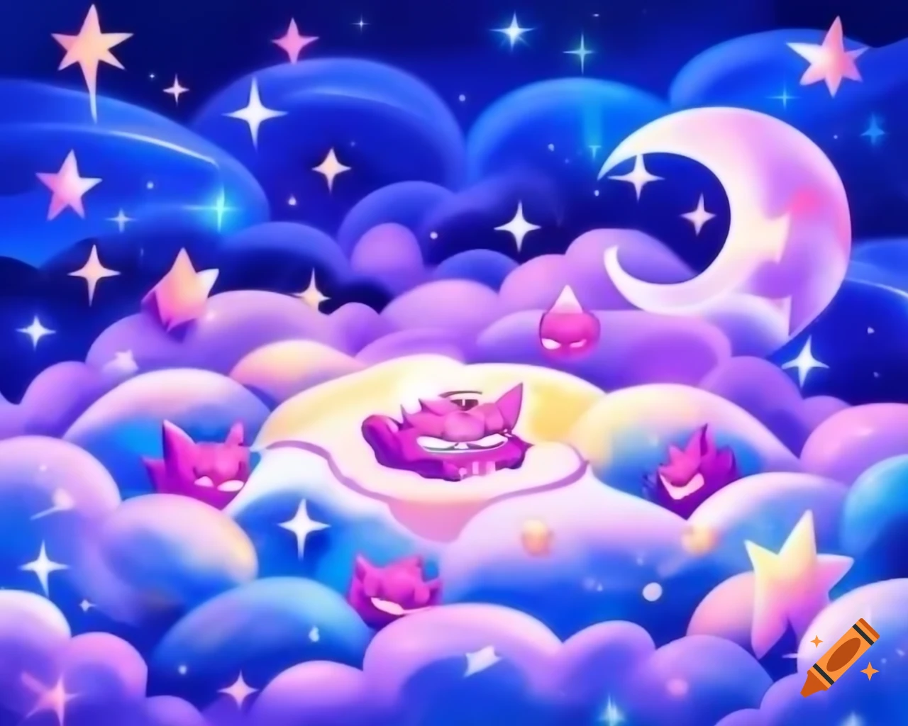 Gengar sleeping under starry night sky with moon on Craiyon