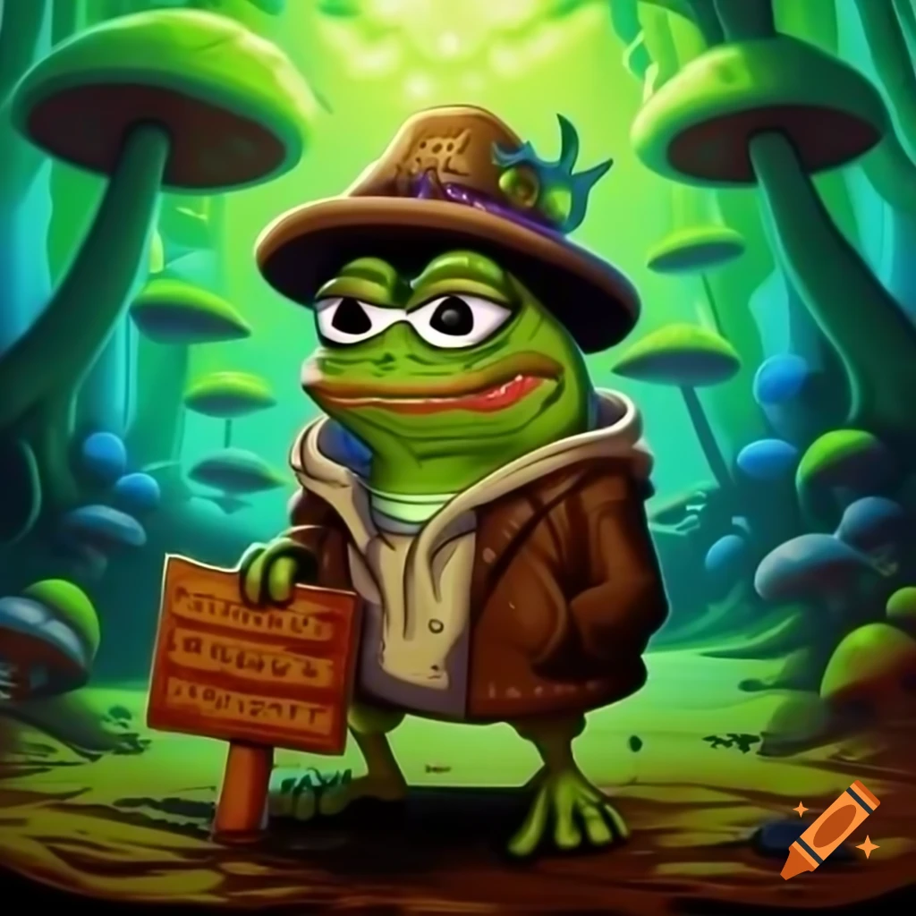 Pepe the frog in a hat walking in a mystical forest with mushrooms and ...