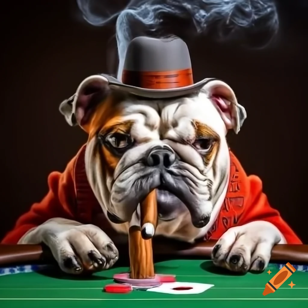 Angry english bulldog in hat smoking cigar and playing poker, animated ...