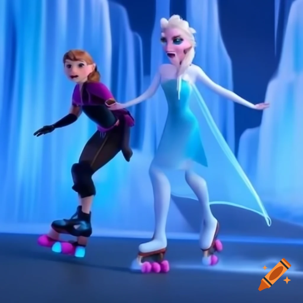 Elsa roller skating with icy blue hair flowing behind her on Craiyon