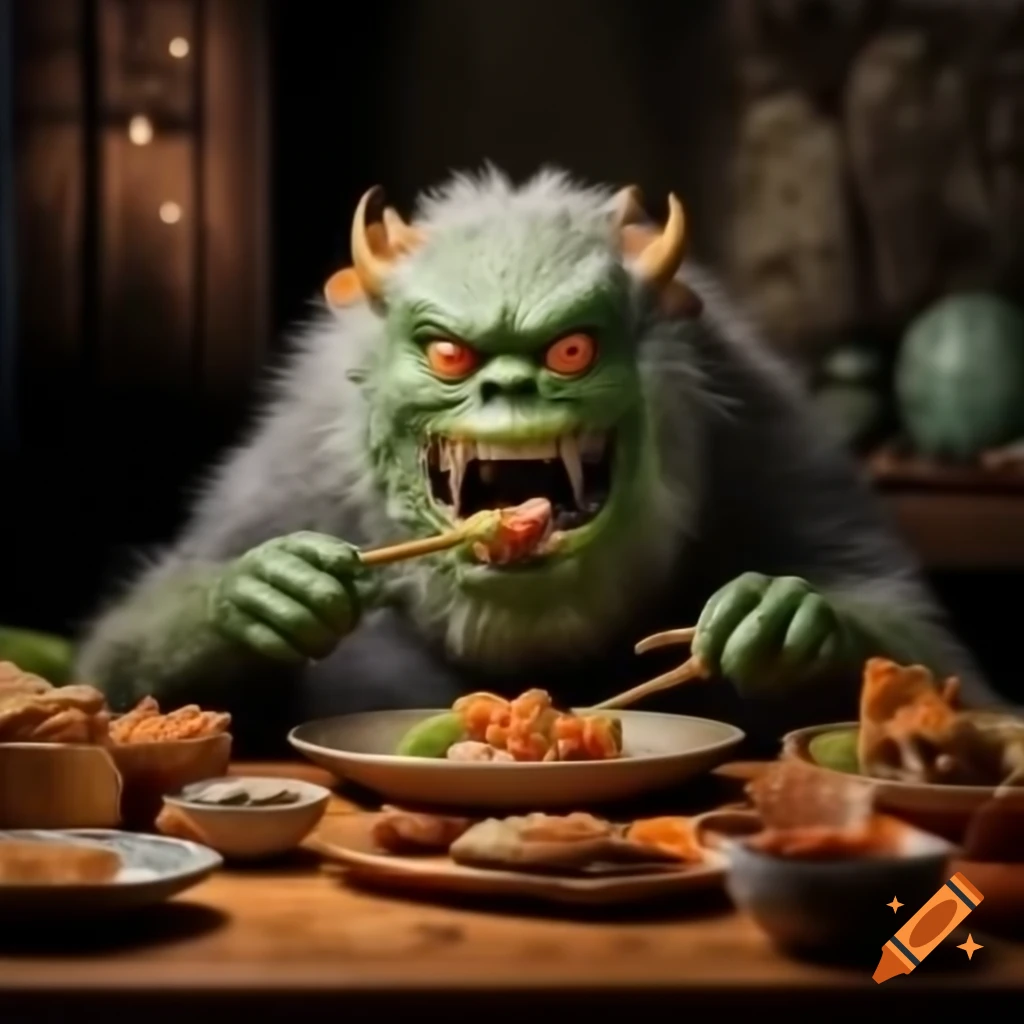 Sushi monster consuming Thanksgiving dinner with little monsters around ...