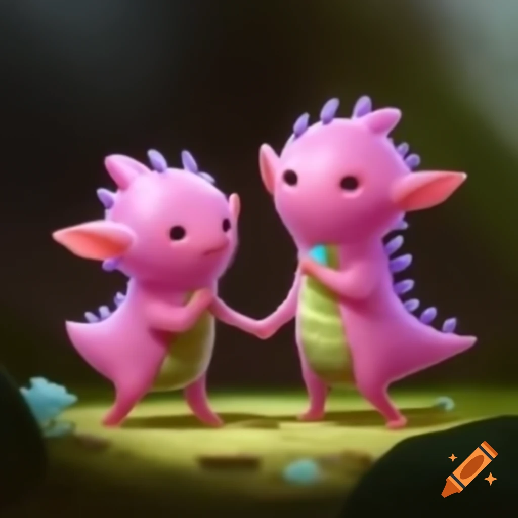 Two magical pink creatures dancing on their toes in a fantasy setting ...