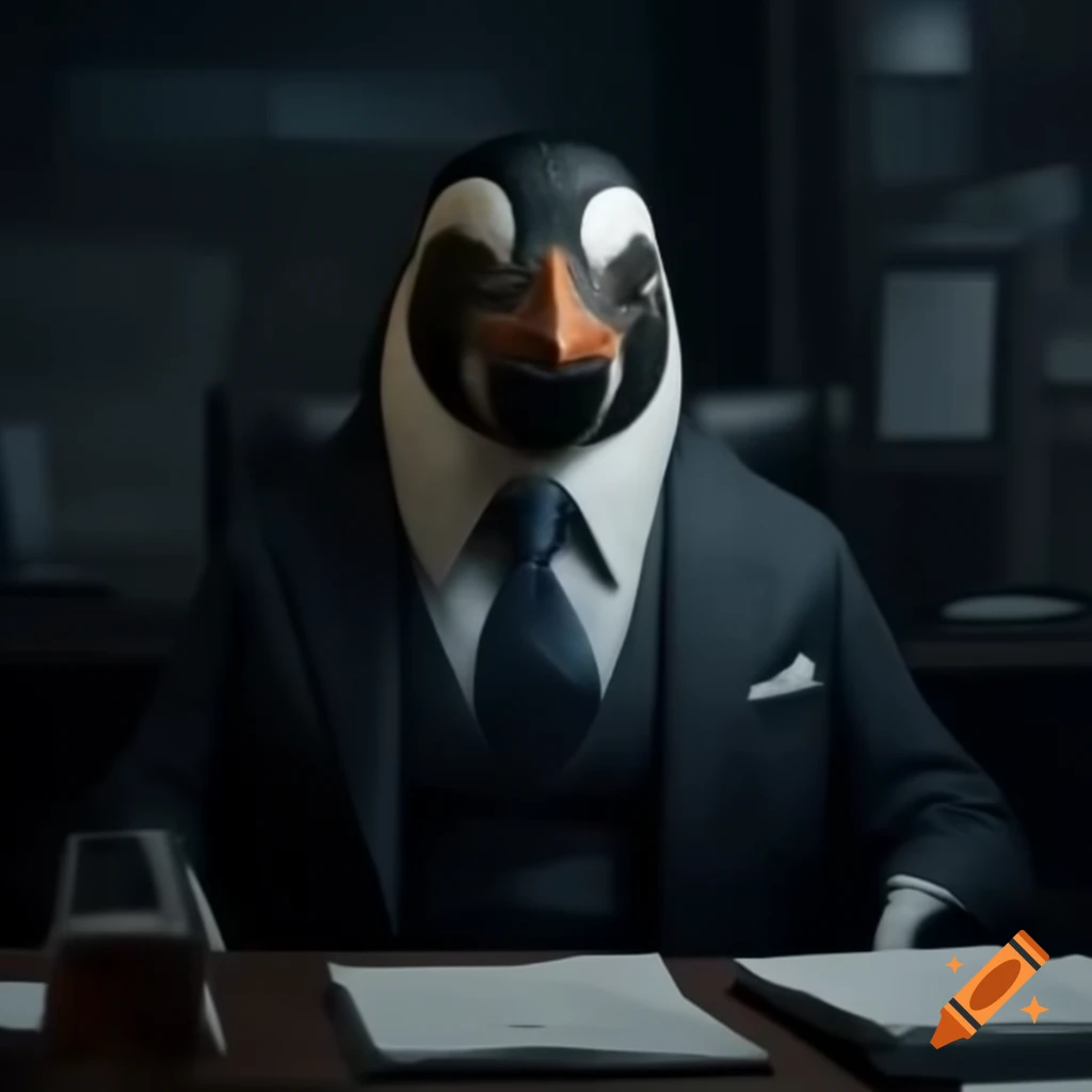 Dapper penguin in business suit behind desk with glass of amber liquid ...