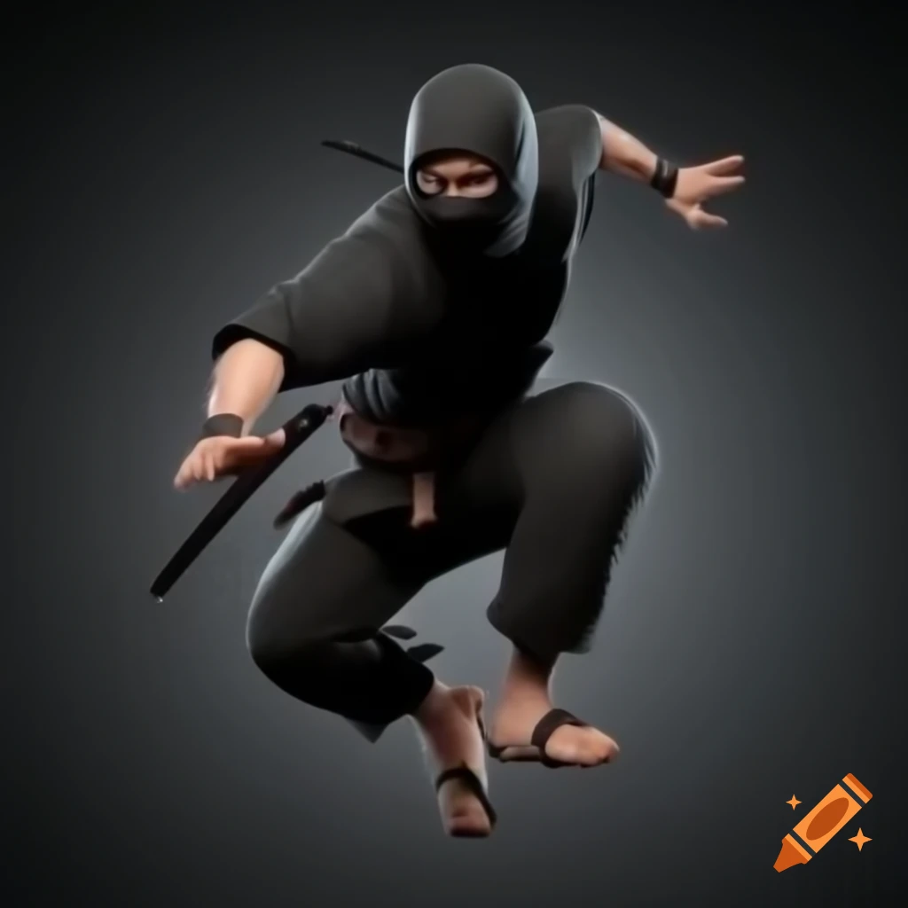 Dynamic ninja in action, captured mid-air with blurred movement on Craiyon