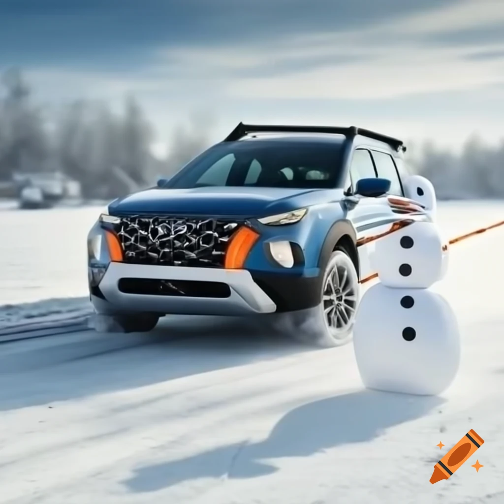 Frosty the snowman driving a Hyundai in snowy landscape on Craiyon