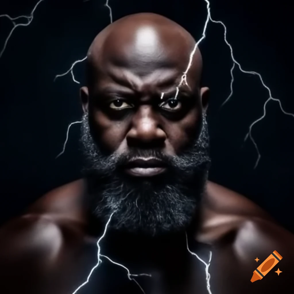 Buff black bald bearded man with intense expression and lightning in ...