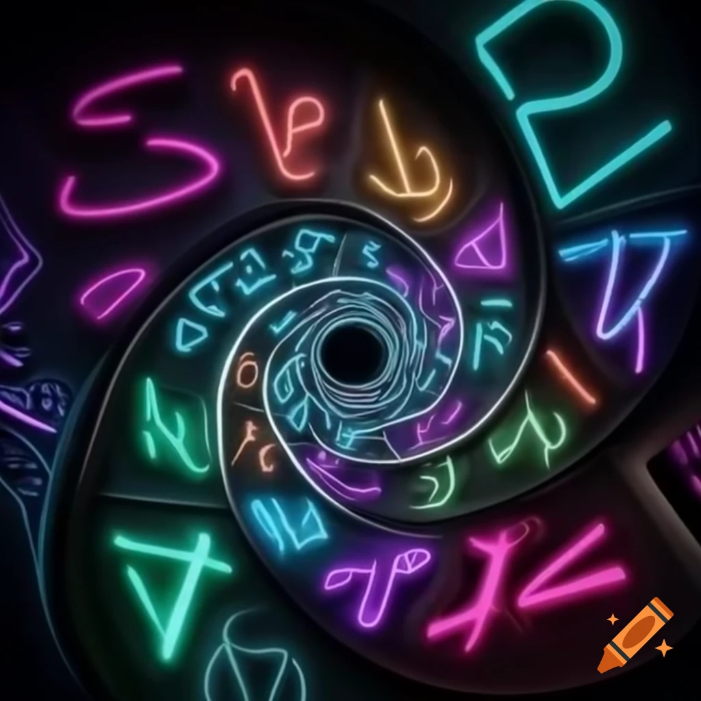 Vibrant neon vortex filled with graffiti shapes and symbols featuring ...