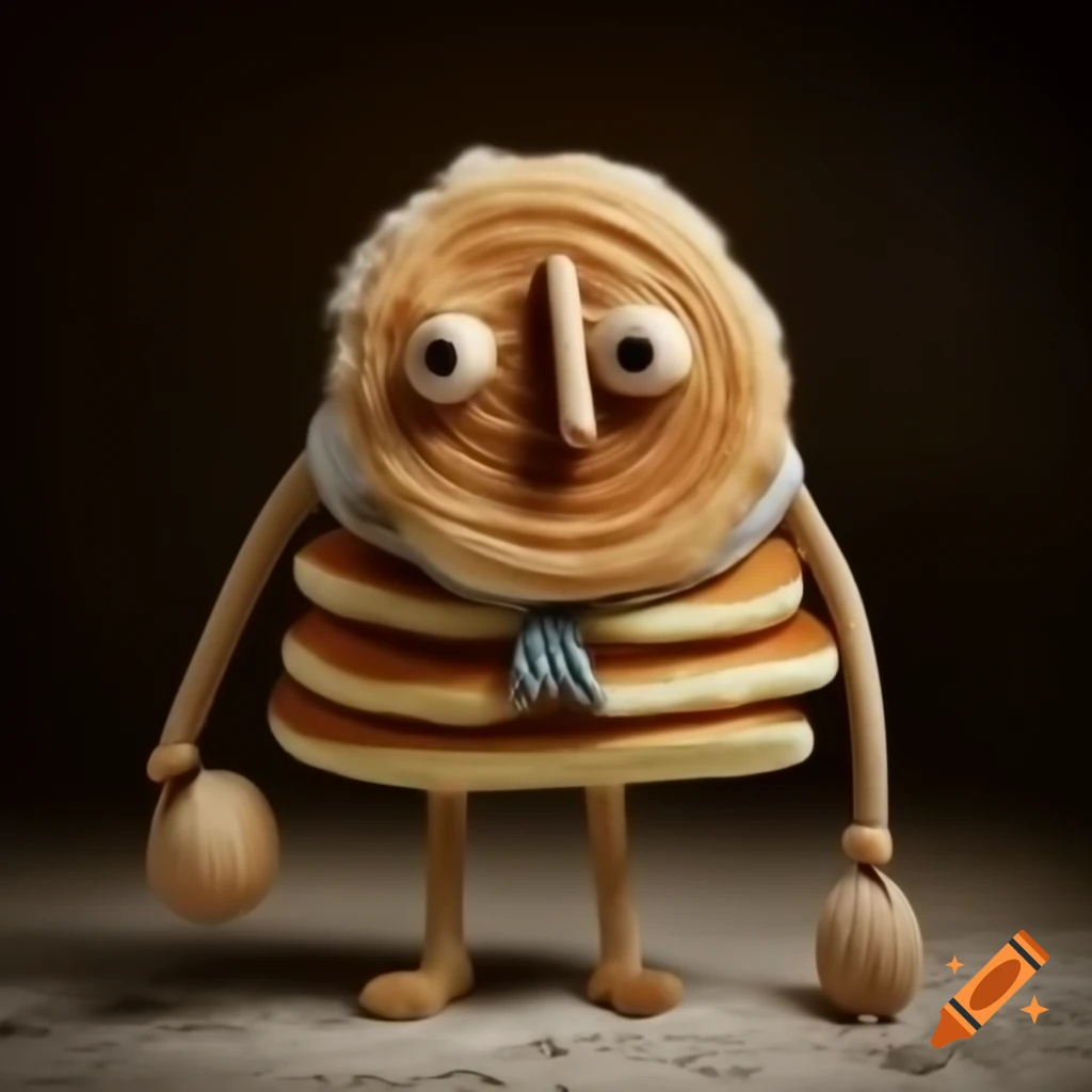 Whimsical figure made of fluffy pancakes prepared for an adventure on ...