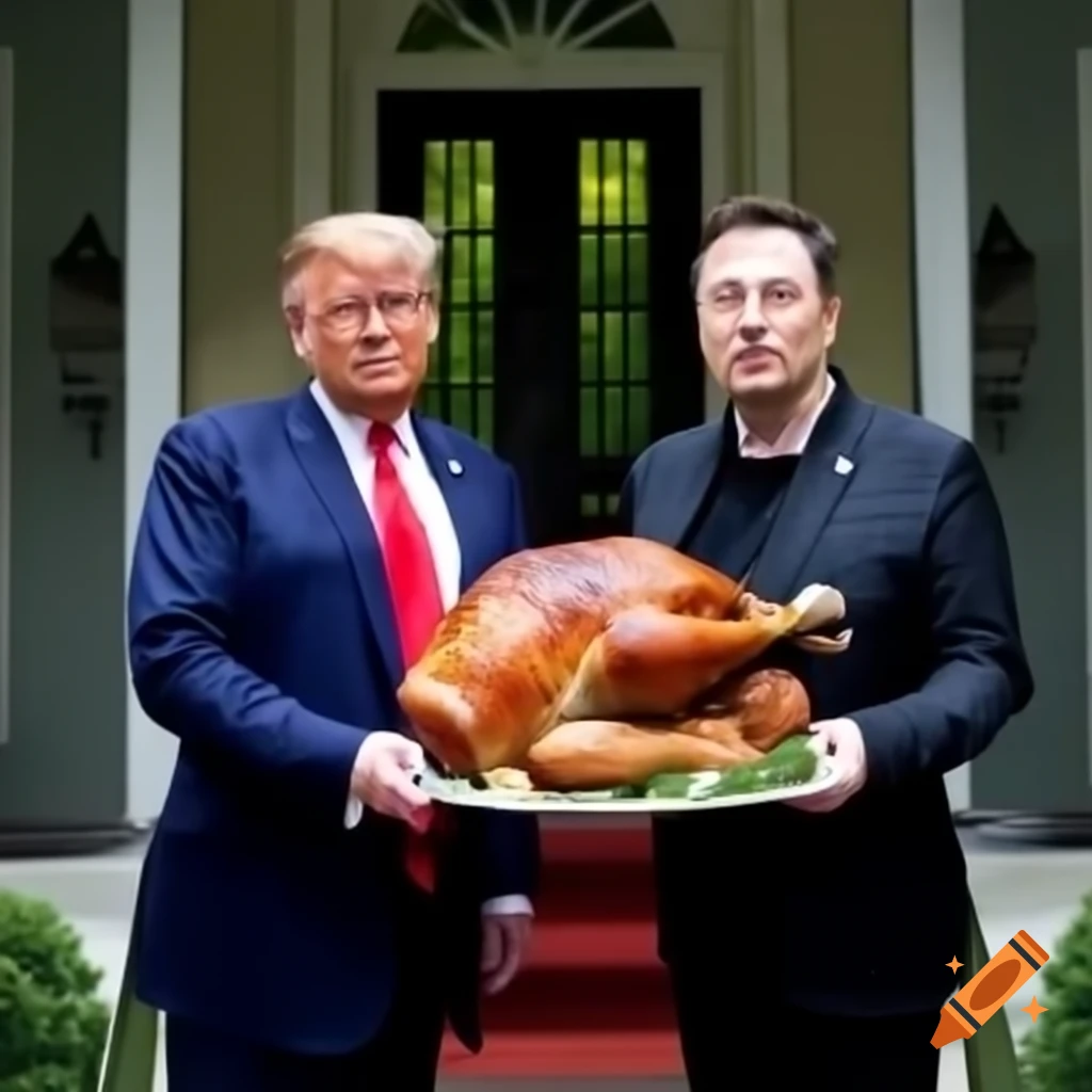 Donald Trump and Elon Musk holding cooked turkey on a platter on front ...