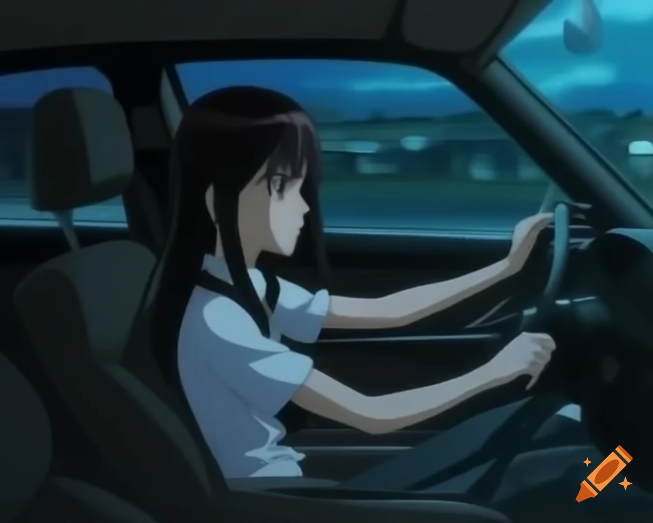 Anime woman driving car at night on Craiyon