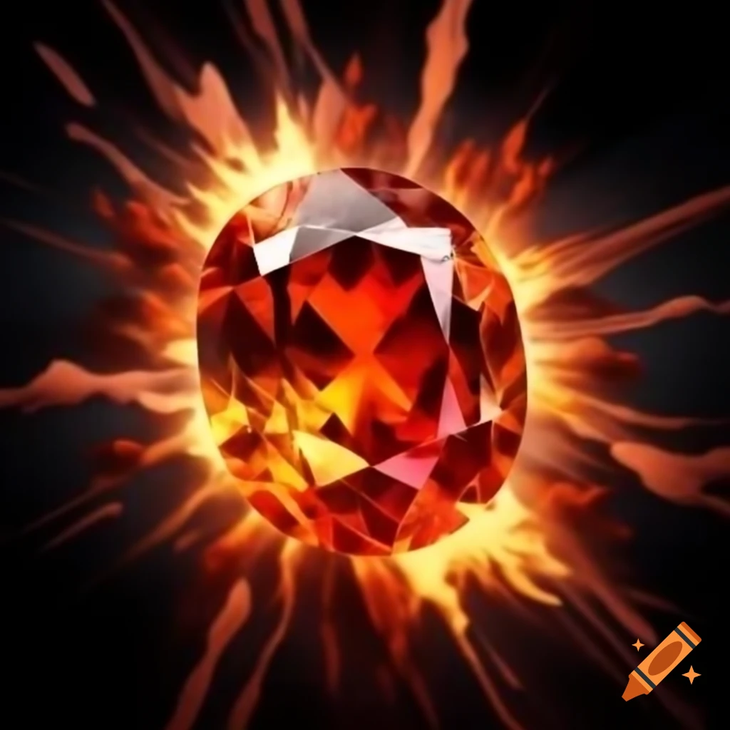 Red, orange, and yellow oval gem with explosion backdrop on Craiyon