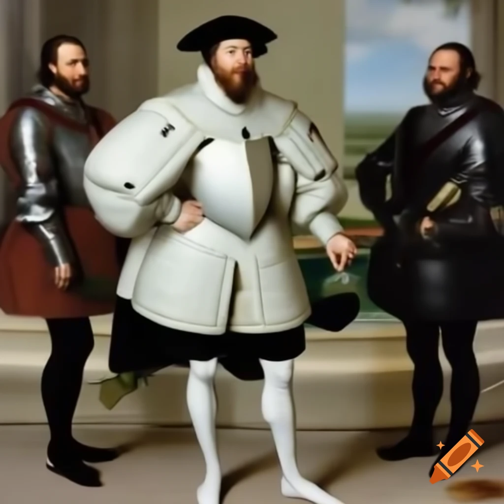 16th century prince in armor and ruff conversing with black knight near ...