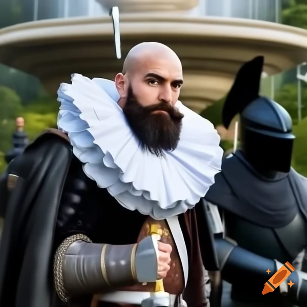 16th century prince in armor conversing with a knight by a fountain on ...