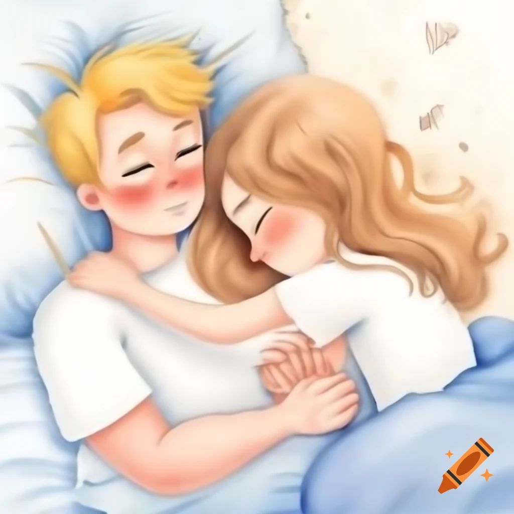 Cute watercolor drawing of a couple sleeping together in bed, looking ...