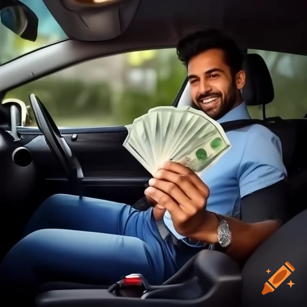 Indian driver in car smiling with dollar bills, emphasizing success on ...
