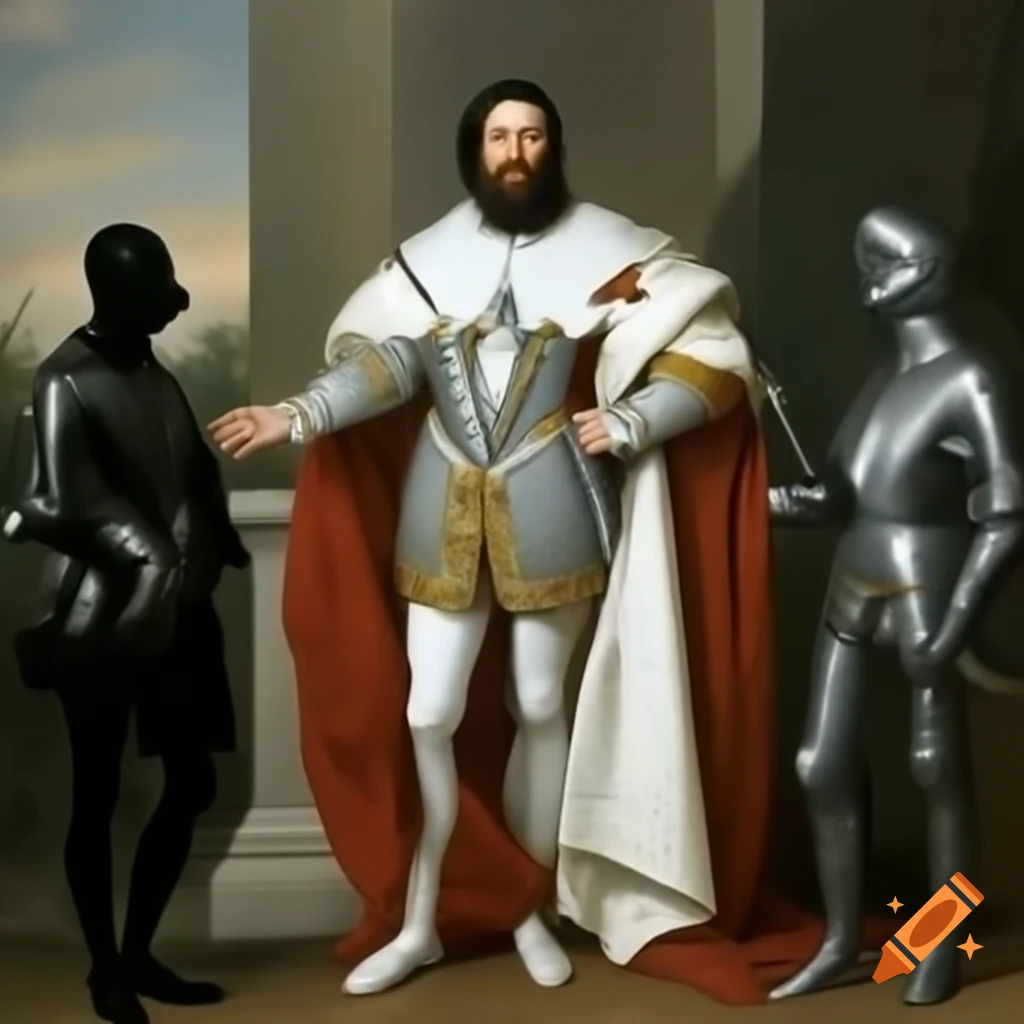 16th century prince in armor conversing with black knight by fountain ...