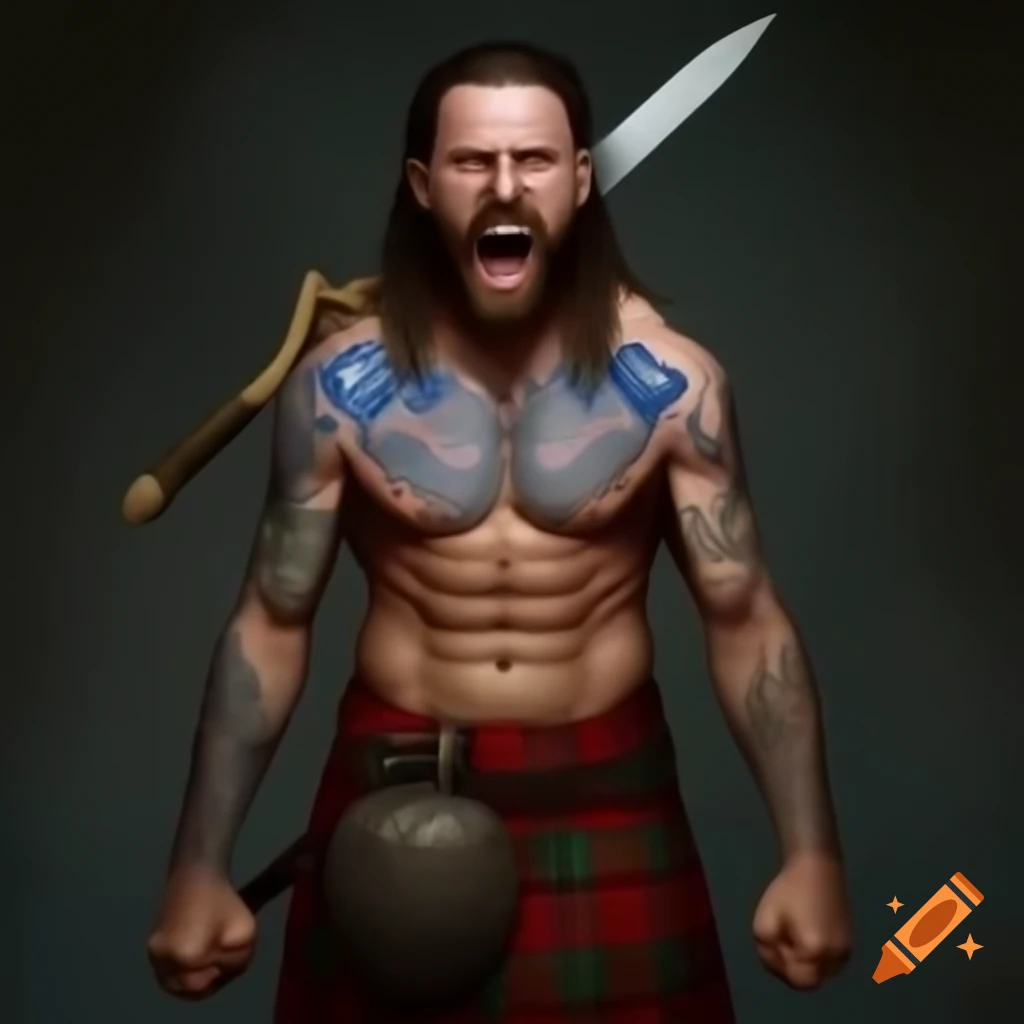 Pictish warrior with blue tattoos and bronze sword, shouting with ...