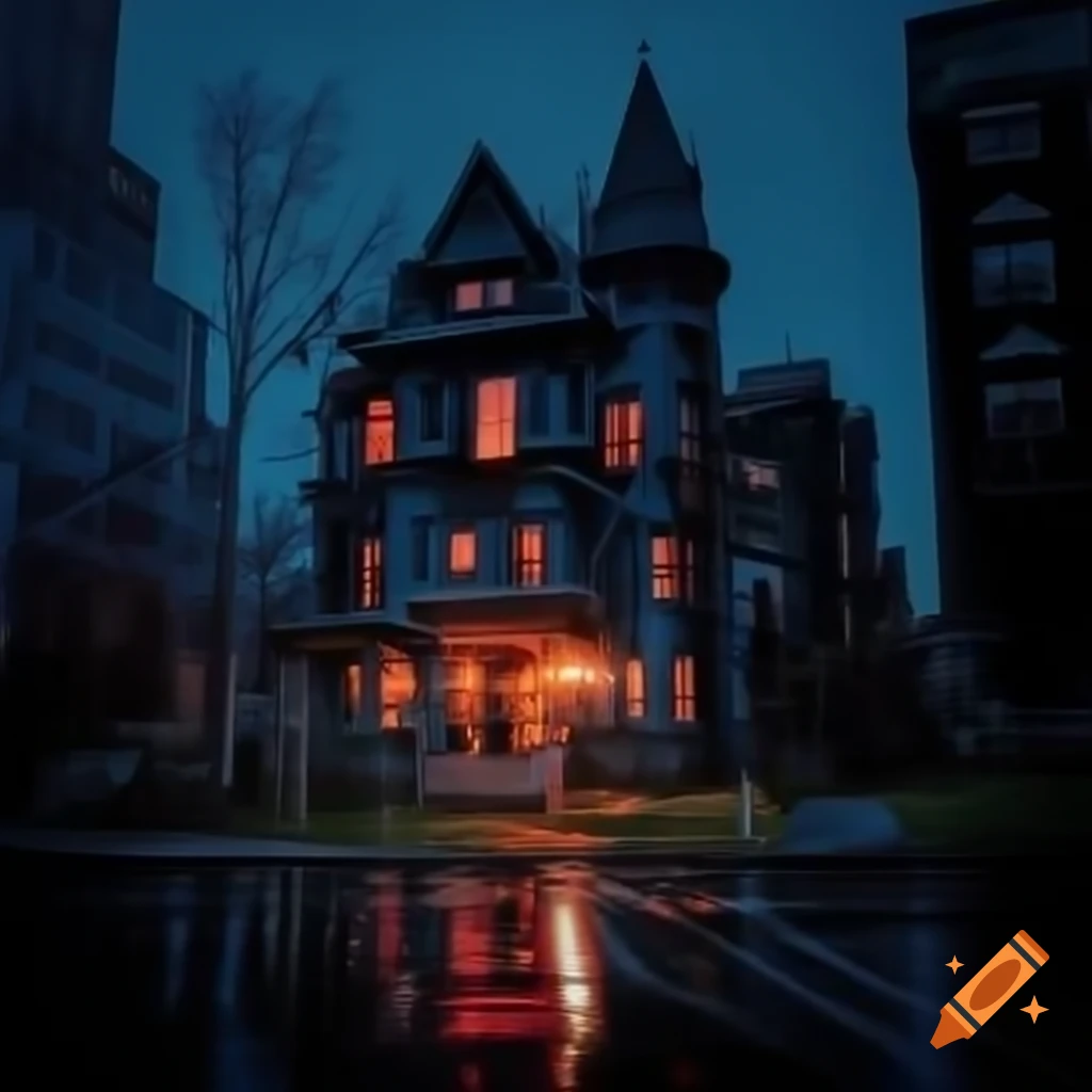 Haunted house in city with rain and lights for book cover design on Craiyon
