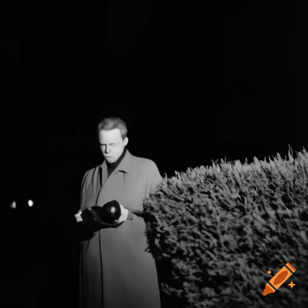 Suspicious man in coat with VHS camera peeking from shrubbery at night ...