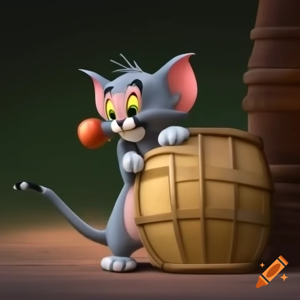 Jerry hiding a barrel while offering an apple to Tom on Craiyon