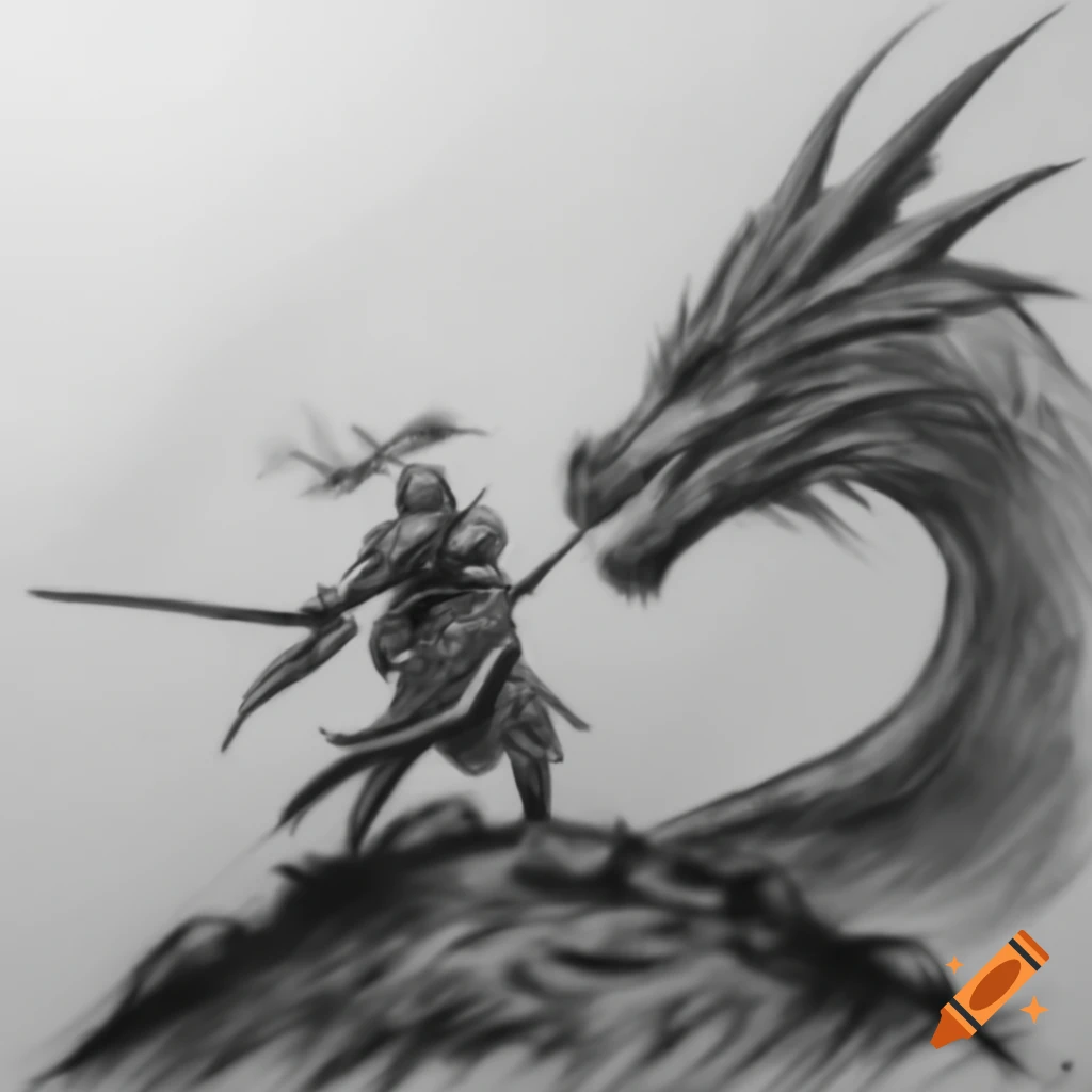 Charcoal art of knight battling dragon on separate hills with intense ...