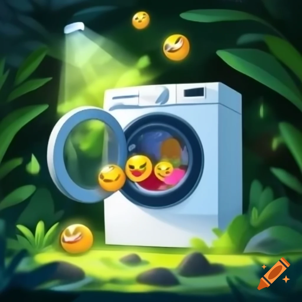 Washing machine in nature with light reflections and emojis on Craiyon