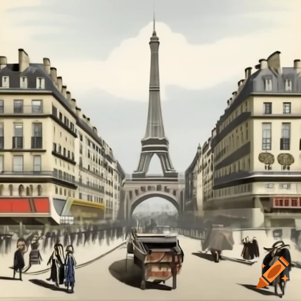 Historic illustration of Paris in 1900 featuring Eiffel Tower and ...