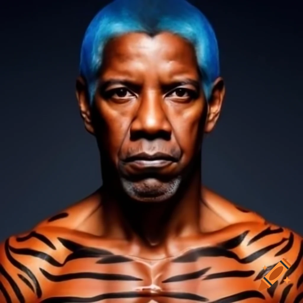 Muscular person with tiger-style makeup featuring blue hair and orange ...