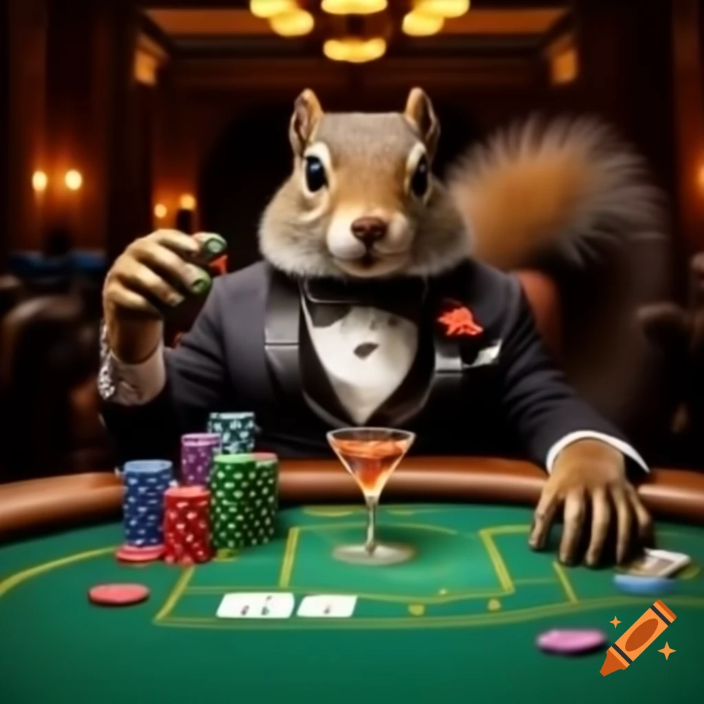 Dapper squirrel in tuxedo raising martini glass at miniature poker ...