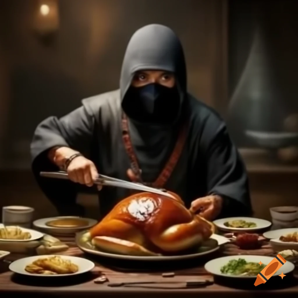 Ninja slicing turkey dinner with sword on Craiyon